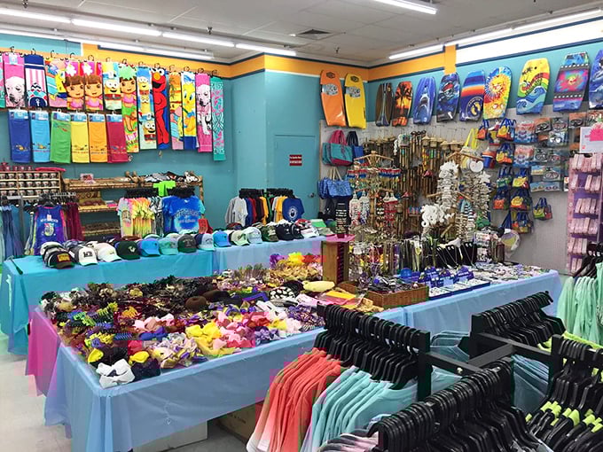 A rainbow explosion of beach essentials. This corner could single-handedly prepare an entire family for a week of sun, sand, and selfies.