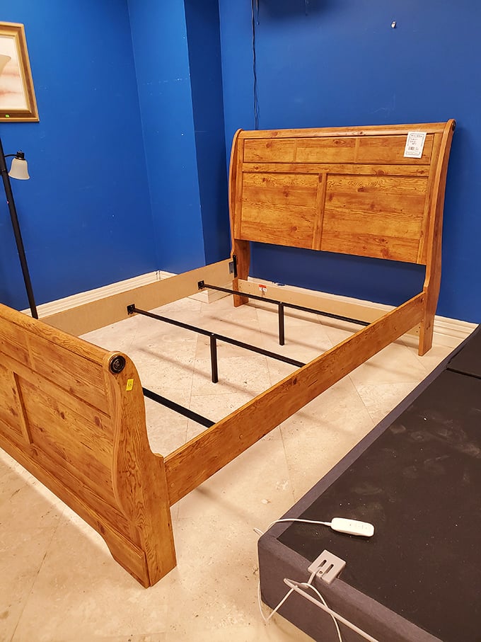 A solid wood bed frame that's seen fewer nights than most hotel mattresses. Craftsmanship that would cost quadruple at retail stores.