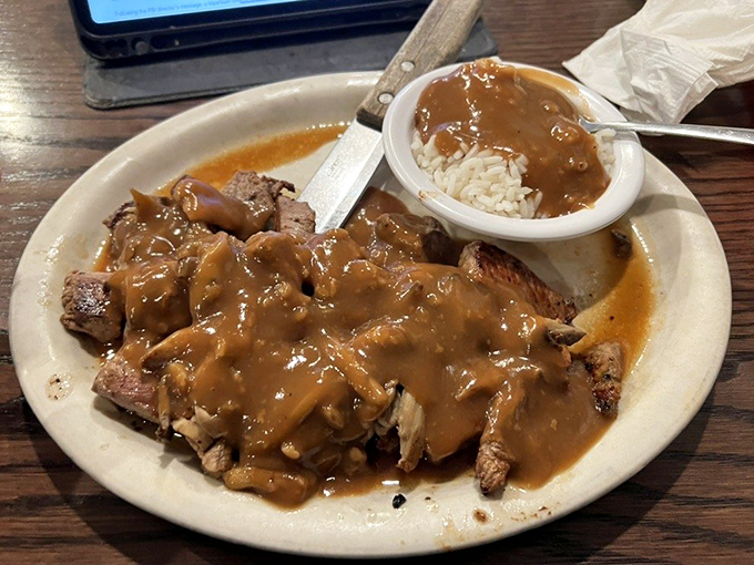 Beef tips swimming in gravy so good you'll be tempted to drink it with a straw. The rice isn't just a side&mdash;it's the perfect gravy delivery system.