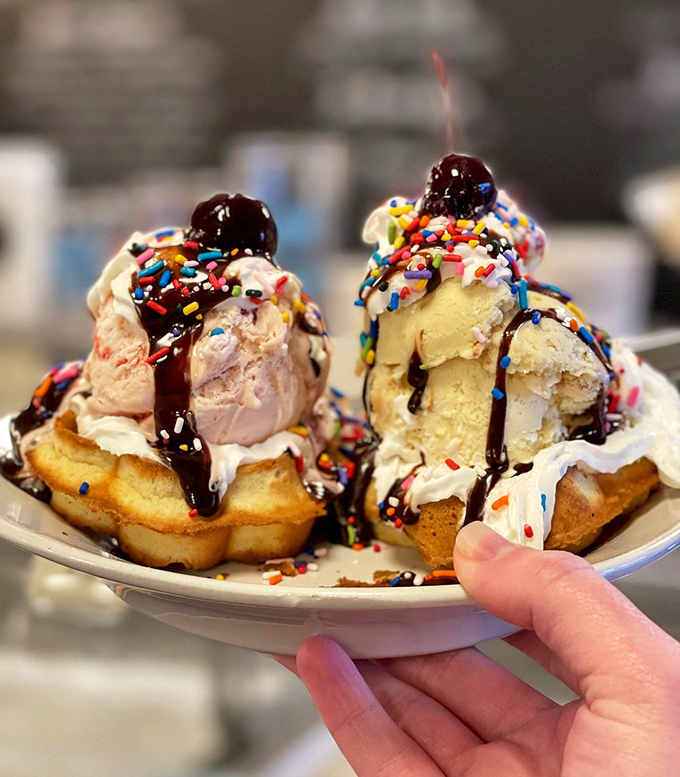 The waffle sundae&mdash;architectural marvel of the dessert world. The warm waffle foundation slowly surrendering to cold ice cream creates texture that modern science still can't explain.