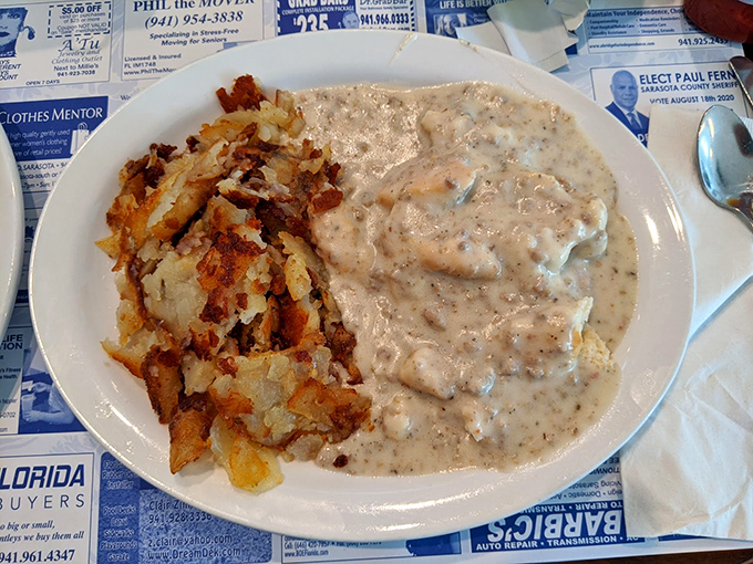 Biscuits and gravy that would make your Southern grandmother weep with joy&mdash;creamy, peppery perfection alongside potatoes crisped to golden glory.