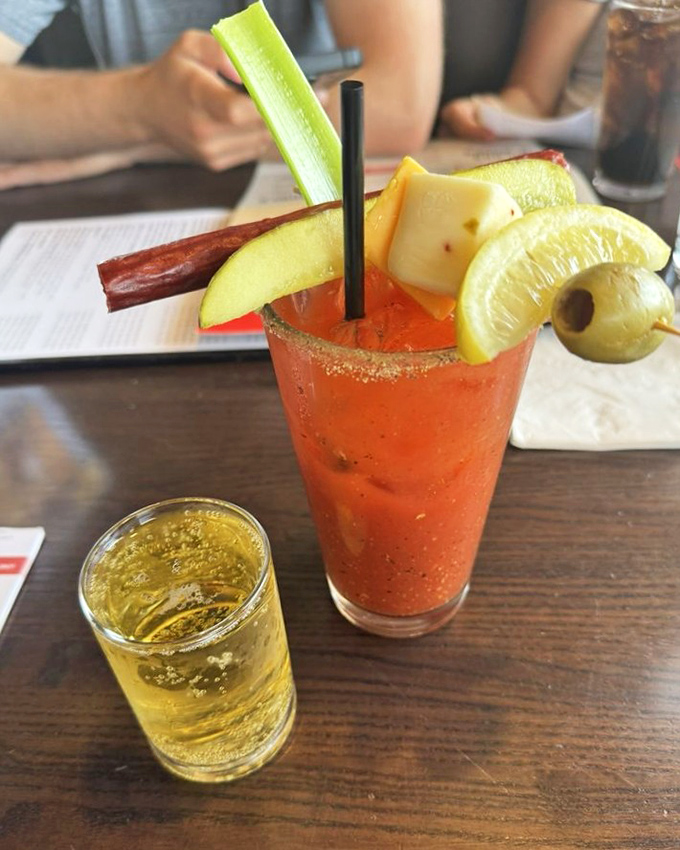 This Bloody Mary stands tall like a vegetable garden decided to throw its own party.