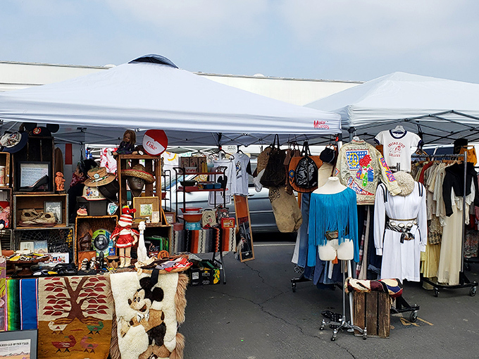 White canopies create a temporary city where commerce meets nostalgia under California's eternally optimistic sky.