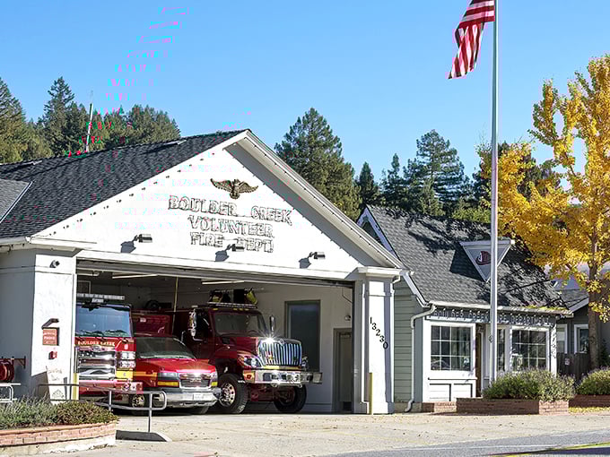 The Boulder Creek Volunteer Fire Department stands ready, its classic Americana facade and flag reminding us that heroes live among the redwoods too.