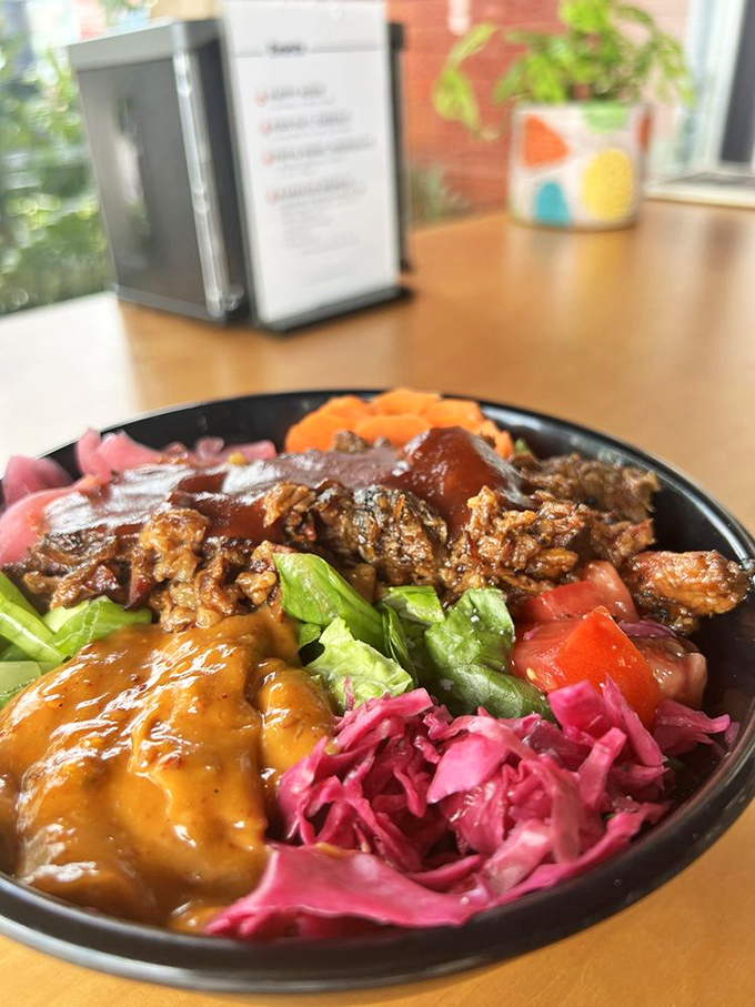 A barbecue bowl that eats like a color wheel of flavors&mdash;smoky meat, bright vegetables, and that pink cabbage adding tangy crunch to every bite.