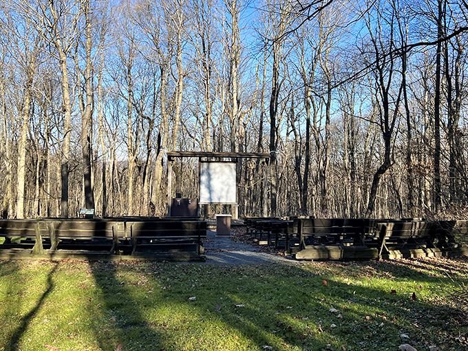 Nature's classroom awaits at Buck Hill Amphitheater, where park rangers share woodland wisdom under the canopy of bare branches.
