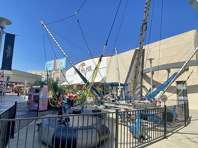 Defying gravity has never looked so fun! These bungee trampolines let shoppers bounce away buyer's remorse while onlookers contemplate their own courage.