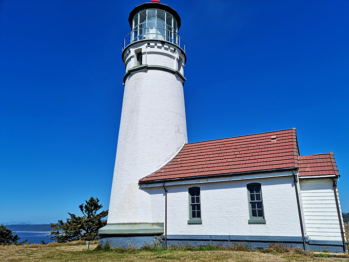 Cape Blanco Lighthouse stands like a sentinel from another era, guiding ships and collecting stories since 1870&mdash;a white tower of tales against endless blue.