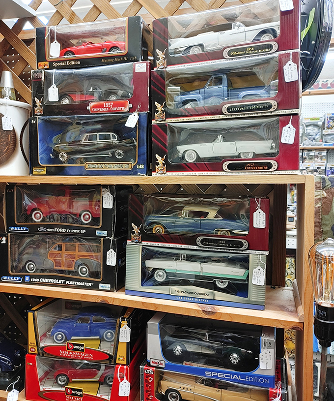 Miniature automotive dreams line these shelves, where collectors can find everything from classic Corvettes to vintage pickup trucks without breaking the bank.