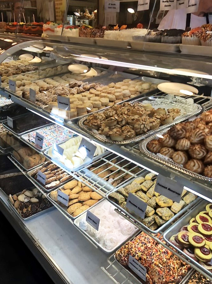 The display case that haunts dreams - rows of cookies and pastries arranged like edible jewelry, each tray a different treasure chest.