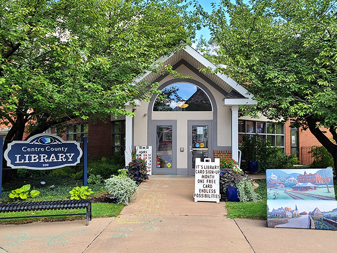 The Centre County Library welcomes readers with garden-framed charm. Books and landscaping&mdash;two things that never needed an upgrade.