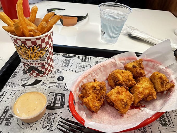 Crispy nuggets and golden fries&mdash;comfort food that transports you back to childhood, just with better taste and an adult beverage.