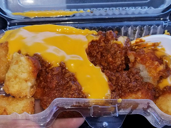 Tater tots elevated to art form with generous applications of chili and cheese. Childhood favorites all grown up and living their best life.