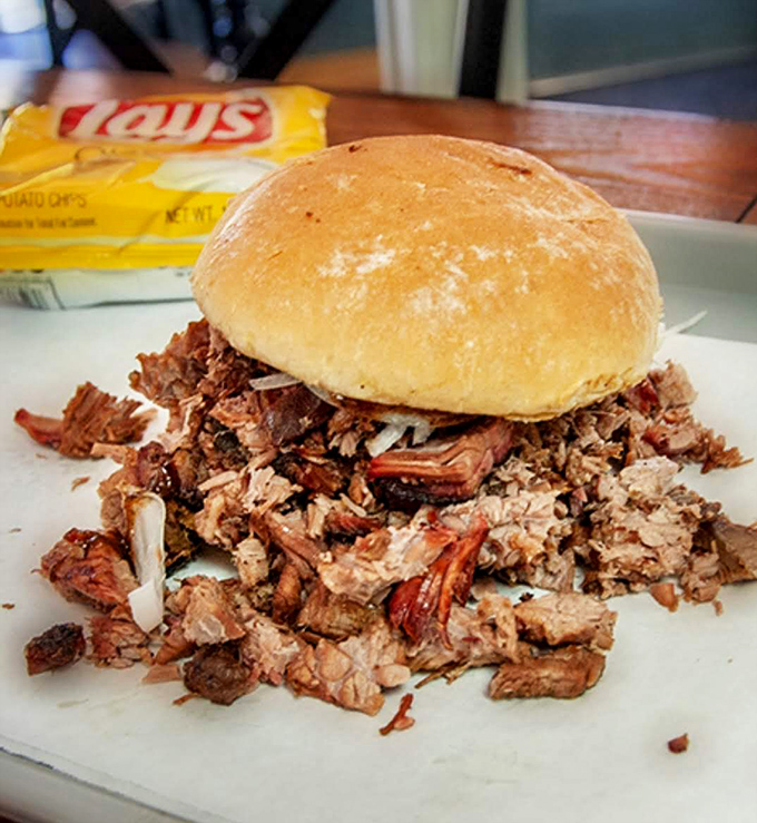 This chopped brisket sandwich proves that sometimes the simplest presentations pack the biggest flavor punches.