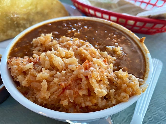 Rice and beans swimming alongside chorizo con huevo&mdash;a breakfast so good it makes cereal at home seem like cruel and unusual punishment.