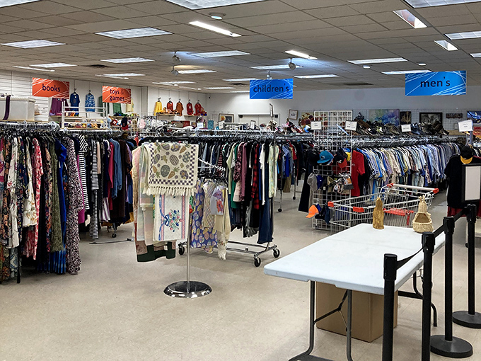 Department store organization without department store prices&mdash;color-coded sections and clear signage transform bargain hunting into a pleasant afternoon activity.