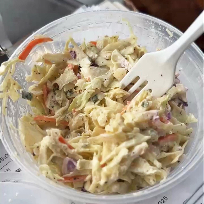 Coleslaw that actually deserves respect. Not just a sad side, but a crunchy, creamy complement worthy of your attention.