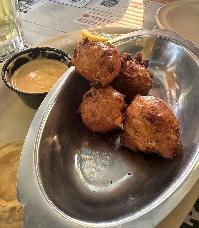 Conch fritters: little golden spheres of Caribbean-inspired joy that crunch then yield to a savory interior. Florida on a plate.