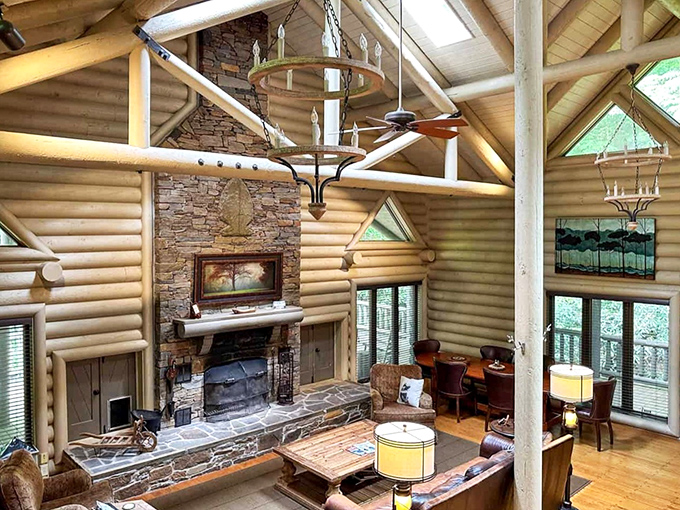 Where Paul Bunyan meets Architectural Digest. Soaring ceilings, stone fireplace, and log walls create a space that's both rustic and remarkably refined.