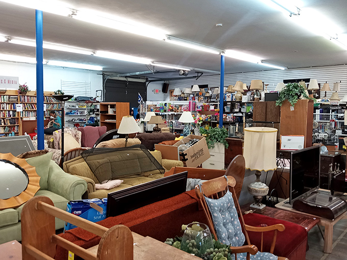 The furniture section resembles a living room time machine, with sofas and chairs spanning decades of American design sensibilities.