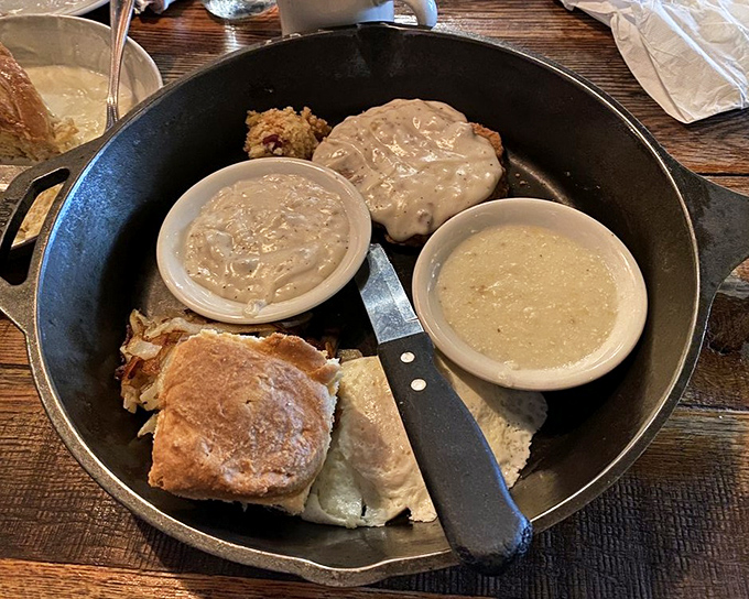 Country fried steak that's achieved the perfect crisp-to-tender ratio, surrounded by sides that refuse to be mere supporting characters.