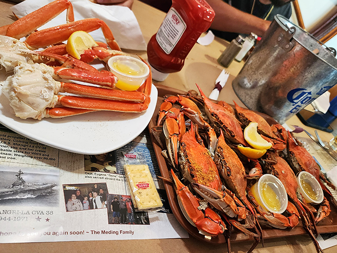 Snow crab legs and steamed blue crabs – nature's way of saying "you're going to need these tools, a bib, and absolutely no dignity."