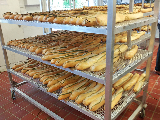 Fresh Cuban bread, with its distinctive palmetto leaf stripe, cooling on racks. This is the daily miracle that keeps Tampa's sandwich game stronger than anywhere else.