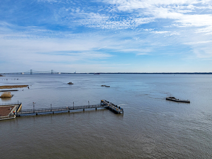 The Delaware River stretches toward the horizon, carrying ships and stories just as it has for centuries.