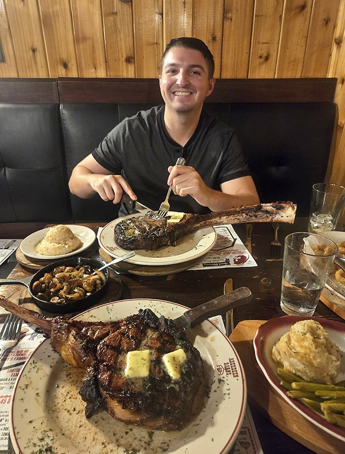 When your steak is bigger than your plate, you know you've made excellent life choices. Those mushrooms aren't just a side&mdash;they're supporting actors.