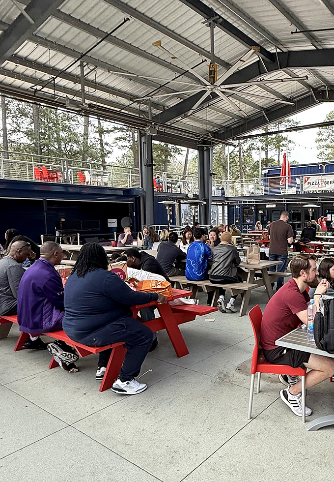 The communal dining experience at Boxyard RTP&mdash;where strangers become friends over the universal language of "pass the sauce, please." 
