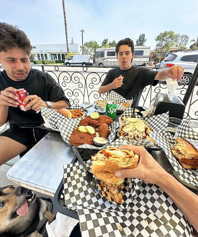 The outdoor feast that says it all&mdash;multiple baskets, multiple heat levels, and expressions that perfectly capture the "first bite of something extraordinary" moment.