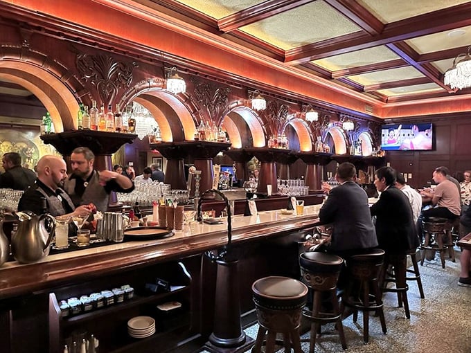 The elegant bar area combines Old West charm with sophisticated cocktail culture. Where cowboys might have sipped whiskey, modern diners enjoy craft libations.