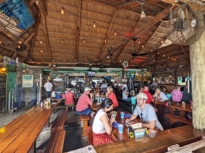 The true measure of a Florida Keys institution: locals and tourists sharing tables, stories, and the mutual appreciation of fresh-caught seafood.