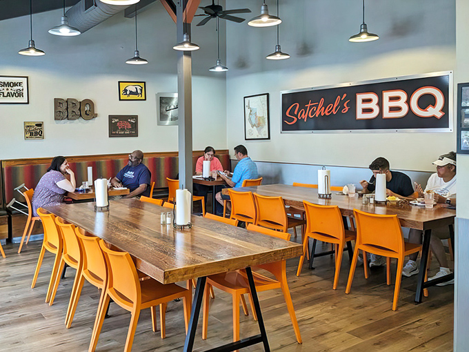 The universal language of barbecue brings strangers together at communal tables. Notice the absence of conversation&mdash;everyone's too busy eating.