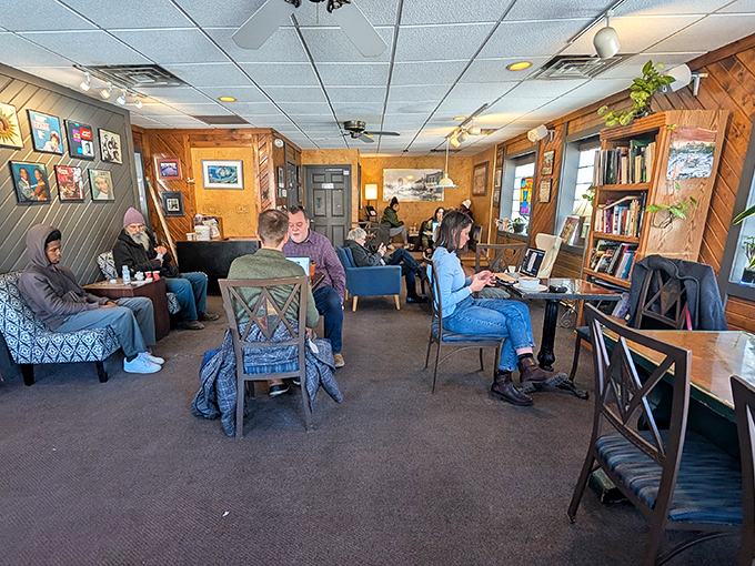 The true measure of a coffee shop: people actually living in the moment, connecting over cups instead of just laptop-camping.