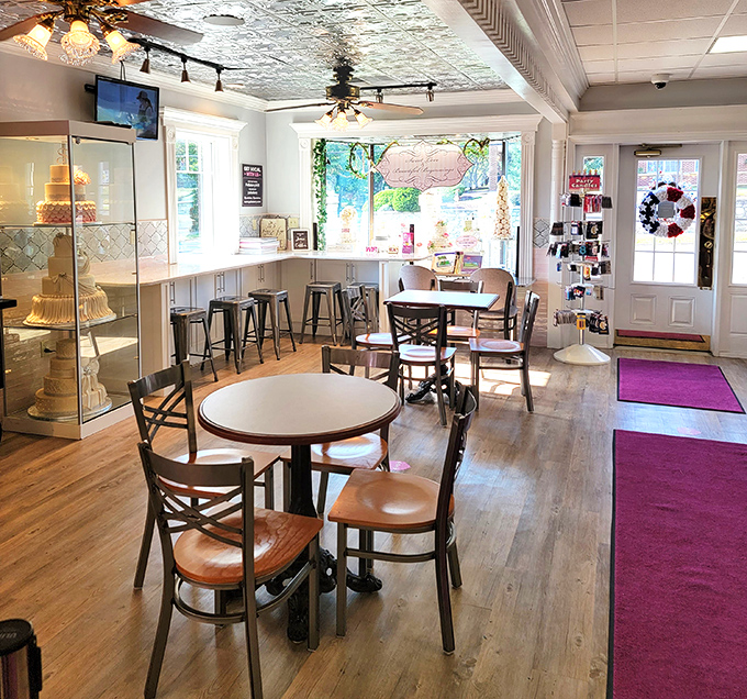 The dining area invites you to linger, with natural light streaming in and the promise of watching others succumb to the same sweet temptations.