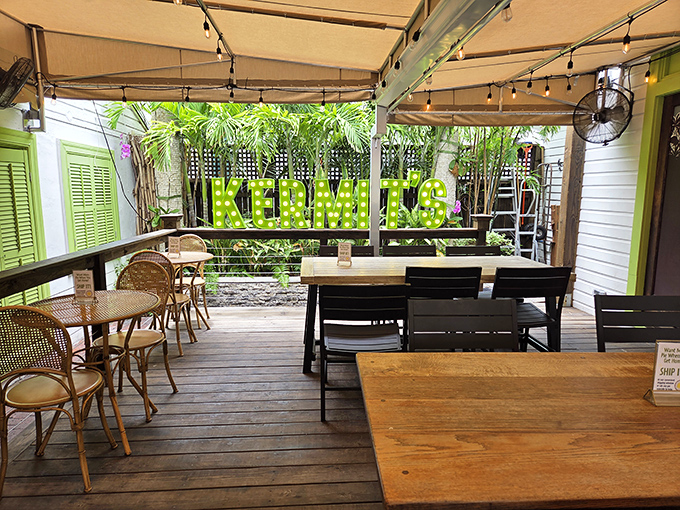 The covered dining area, where string lights twinkle above wooden tables, creating the perfect stage for your upcoming love affair with key lime.