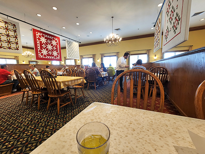 Handmade quilts hang above diners enjoying the fruits of Amish Country labor. This isn't Instagram food&mdash;it's the real deal your grandmother would recognize.