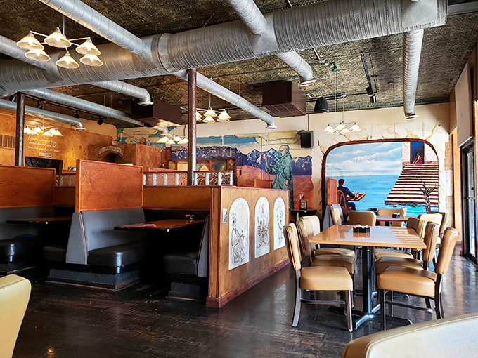 Colorful murals transform simple dining into an experience – like eating inside an art gallery where the food matches the creativity.