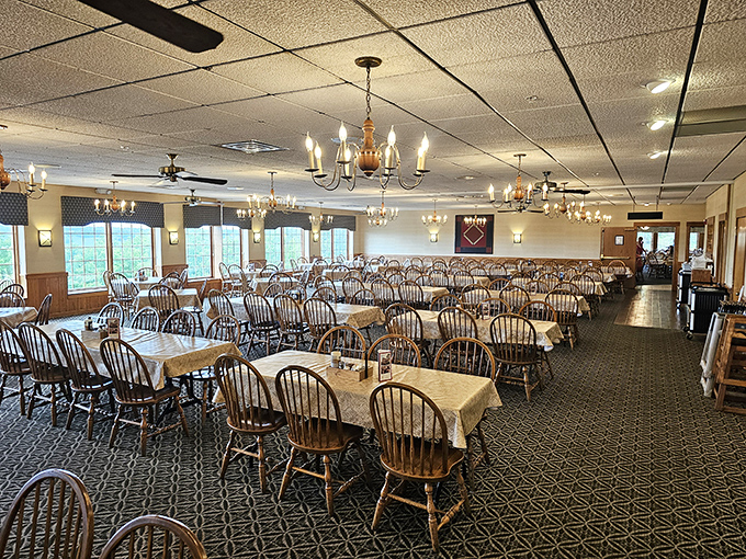 The dining room waits in quiet anticipation of the day's guests, wooden chairs standing at attention like an army of comfort.