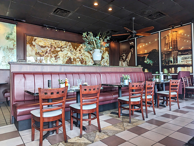 Burgundy booths and wooden chairs create that perfect diner harmony. The New York-inspired murals remind you where "Time Square" got its name.