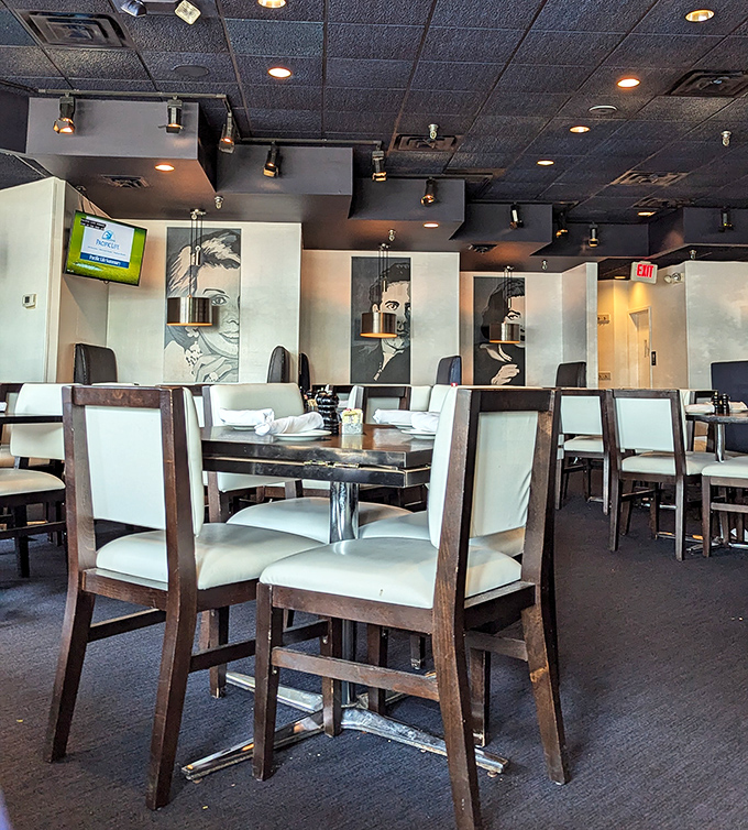 Clean lines, comfortable seating, and artistic touches create a dining space that says "stay awhile" rather than "eat and run."