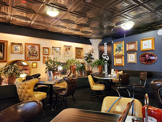 The dining area feels like your coolest relative's living room &ndash; if that relative had impeccable taste and an impressive art collection.