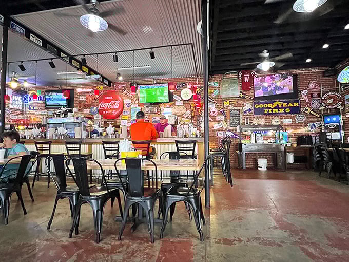 Metal chairs, brick walls, and enough sports memorabilia to open a Hall of Fame. The perfect setting for serious seafood consumption.