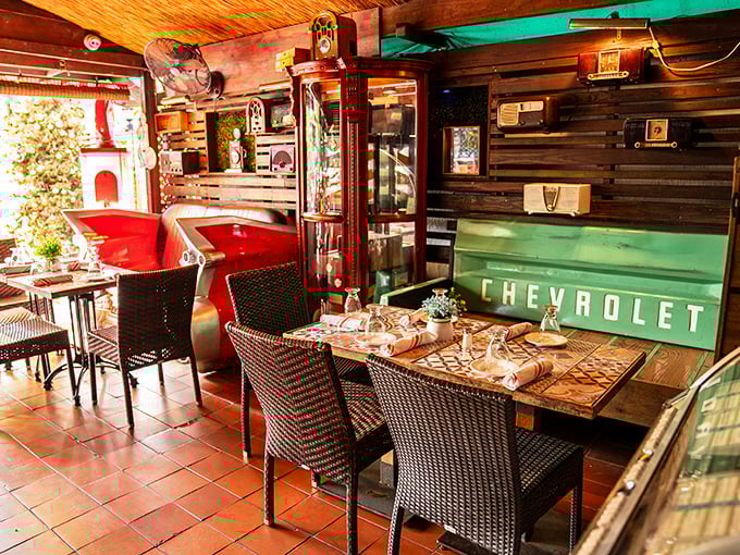 Vintage Chevrolet signage watches over diners like an automotive guardian angel in this corner of the restaurant that screams "Instagram me!"