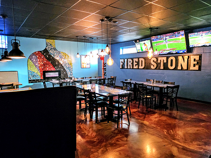 Colorful murals, pendant lighting, and plenty of screens for sports fans. The dining area manages to feel both energetic and comfortable.