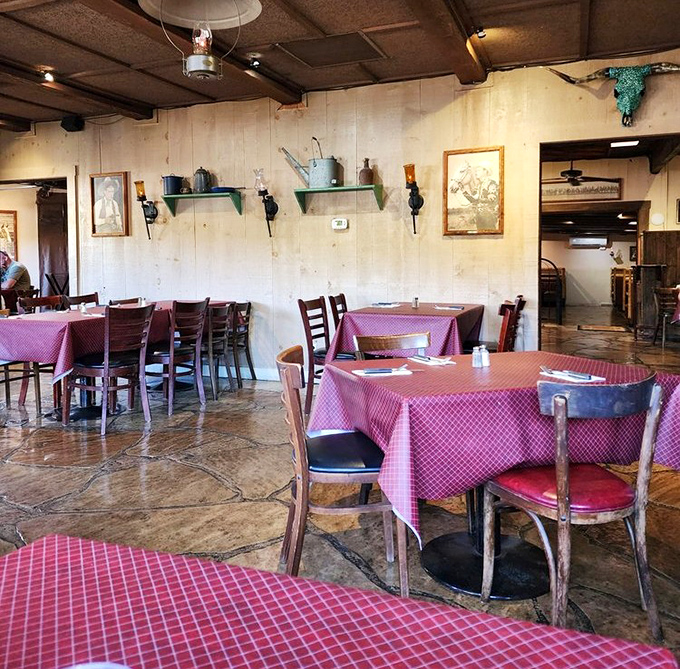 Empty tables that won't stay that way for long&mdash;the calm before the dinner storm in a dining room that's seen countless celebrations.