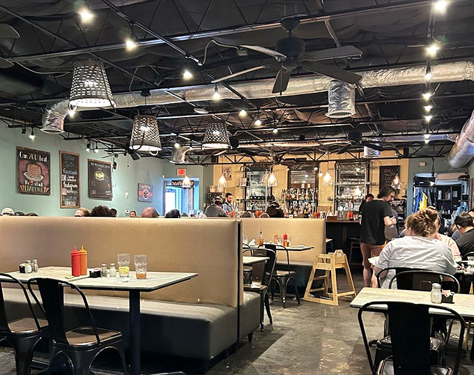 The buzzing heart of Scrambled, where strangers become friends over the universal language of "pass the hot sauce, please."