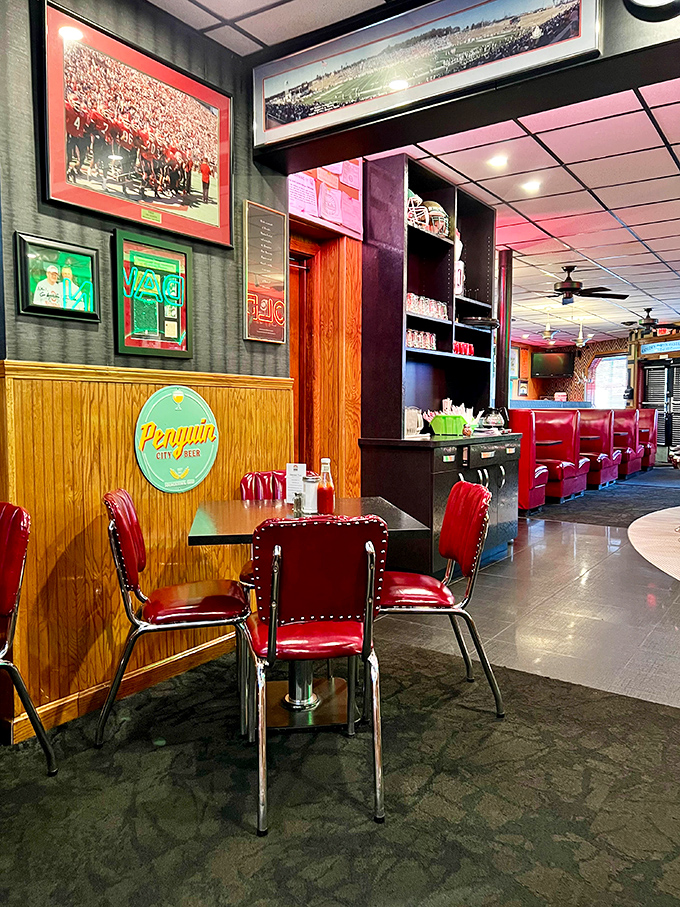 Red vinyl chairs and sports memorabilia create the perfect backdrop for conversations that matter&mdash;like whether to order dessert after that sandwich.