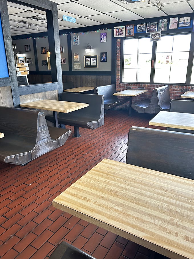 The classic diner-style booths and brick floors create an atmosphere where time slows down just enough to savor every bite.